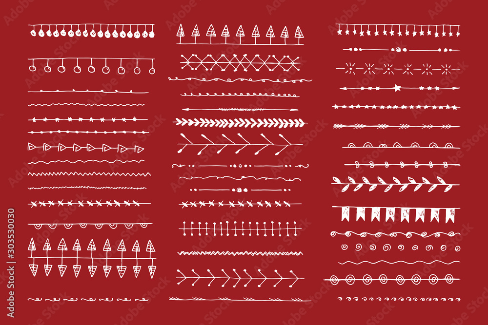 Hand drawn white doodle christmas line borders. Decorative elements ...