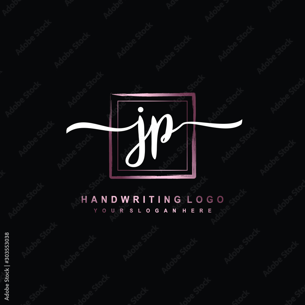 JP Initial handwriting logo design with brush box lines dark pink color ...