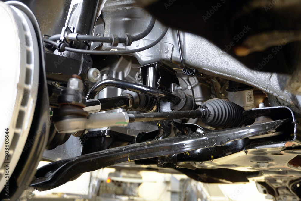 Elements and structure of the front suspension of a modern car. Close ...