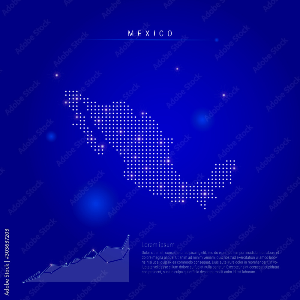Mexico illuminated map with glowing dots. Dark blue space background ...
