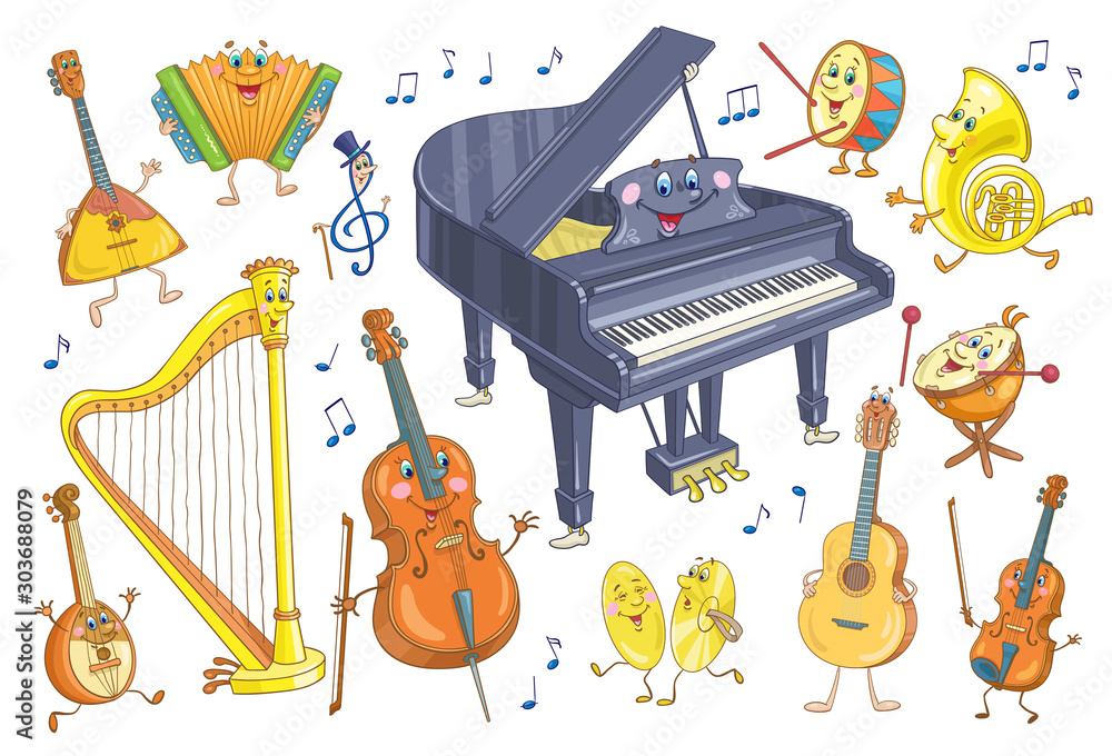 Set of funny musical instruments in cartoon style. Isolated on white ...