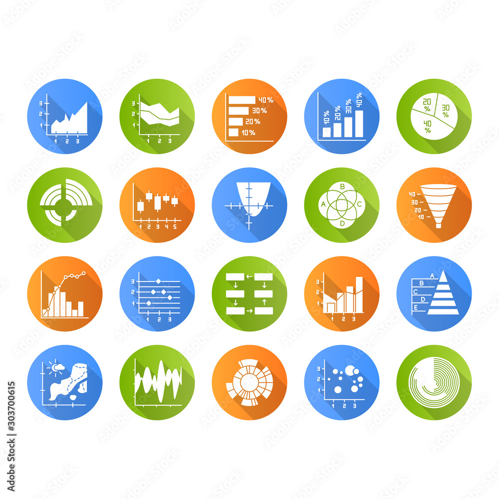 Chart and graph flat design long shadow glyph icons set. Pie diagram ...