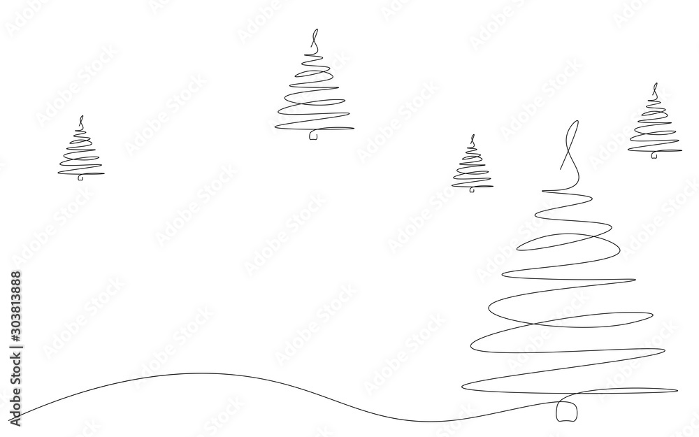 Christmas background with tree continuous line drawing, vector ...