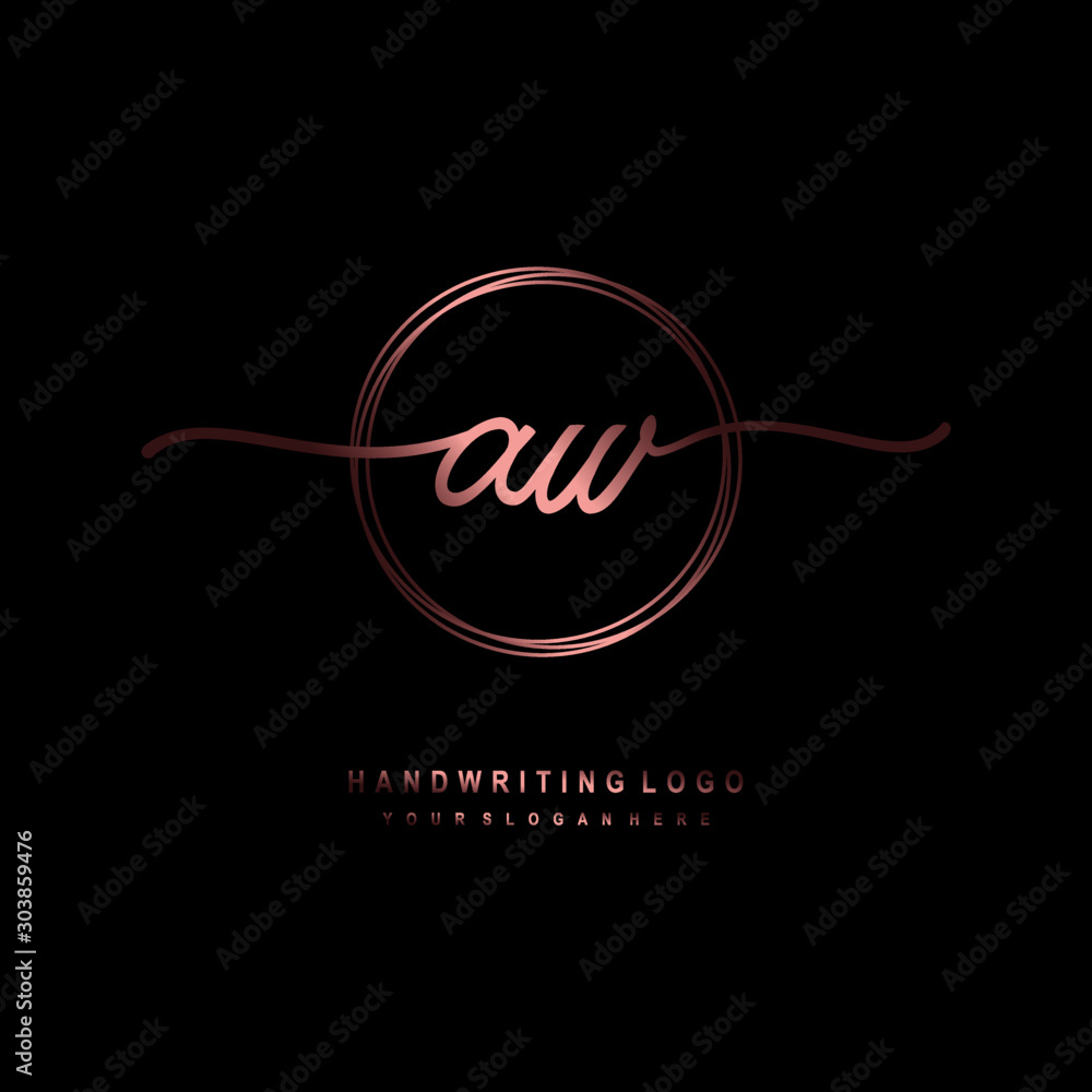 AW Initial handwriting logo design with circle lines dark pink ...