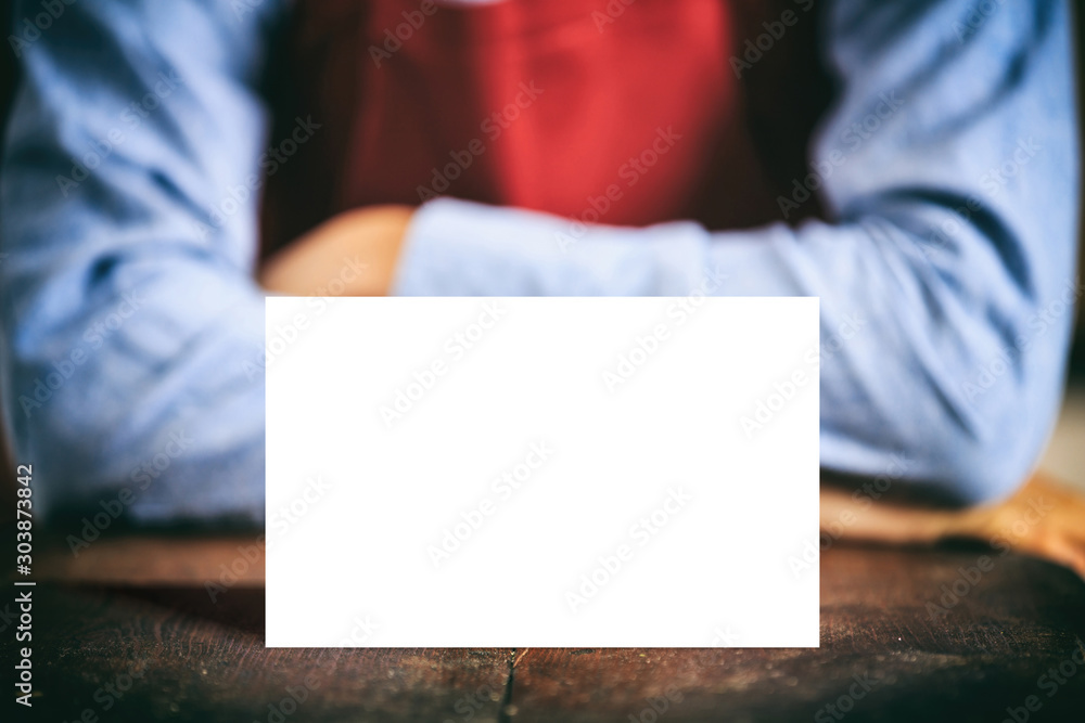 Reserved card sign blank template, blur waiter background. White paper ...