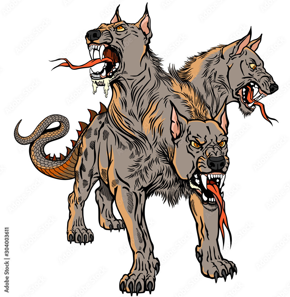 Cerberus hellhound Mythological three headed dog the guard of entrance ...