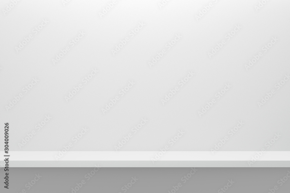 Front view of empty shelf on white table and wall background with ...