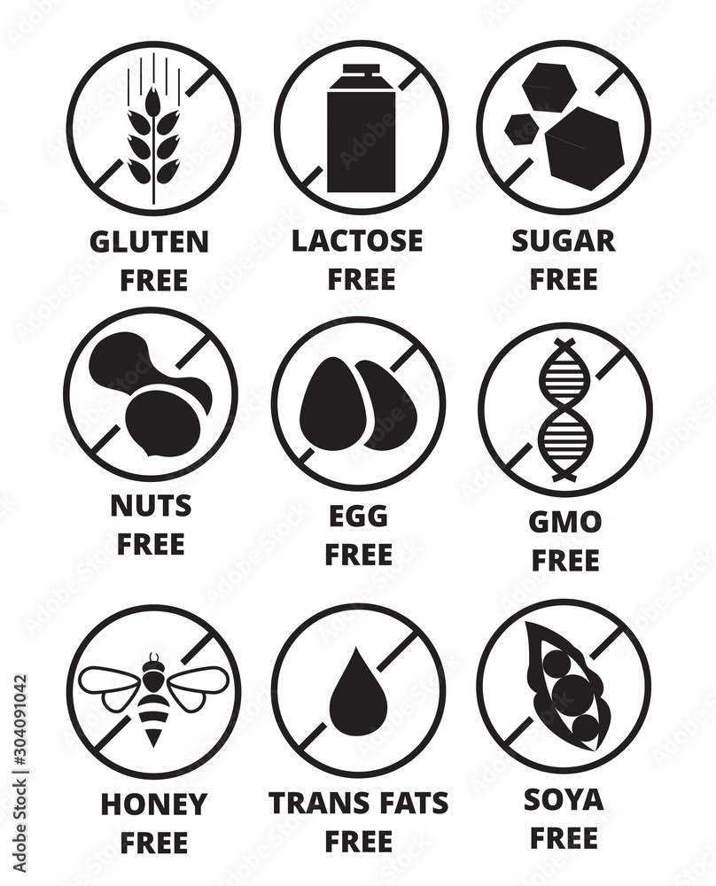 Allergen free labels set isolated on white vector illustration ...