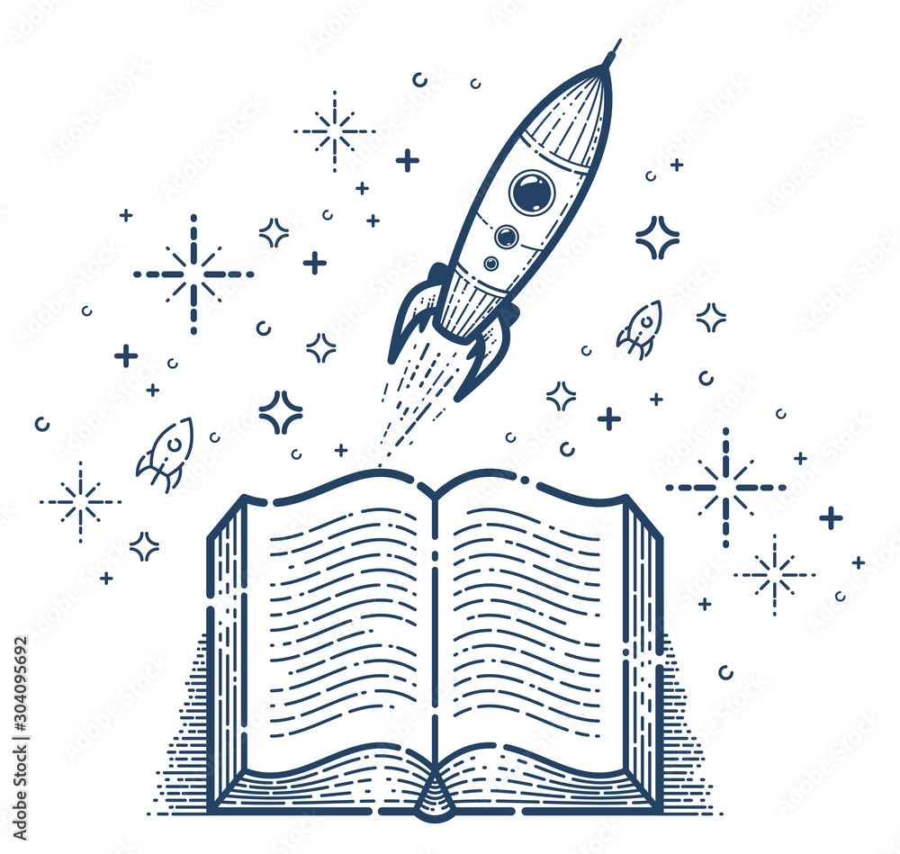 Open book with launching rocket vector linear icon, missile start up ...