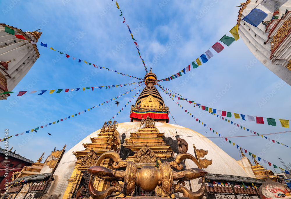 Swayambhunath Stupa, aka The Monkey Temple, during sunrise in Kathmandu ...