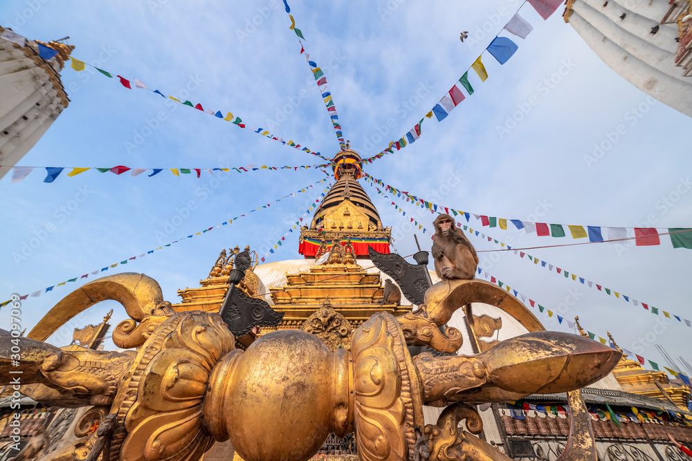 Swayambhunath Stupa, aka The Monkey Temple, during sunrise in Kathmandu ...