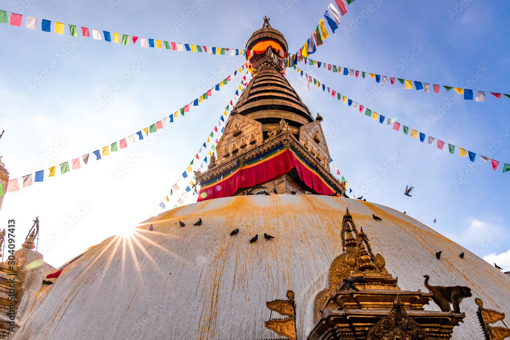 Swayambhunath Stupa, aka The Monkey Temple, during sunrise in Kathmandu ...