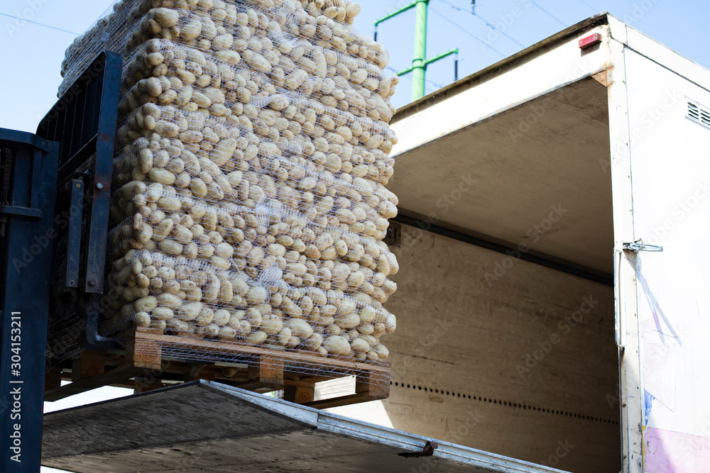 Net bags with washed potatoes on a pallet on a forklift truck. Loading ...