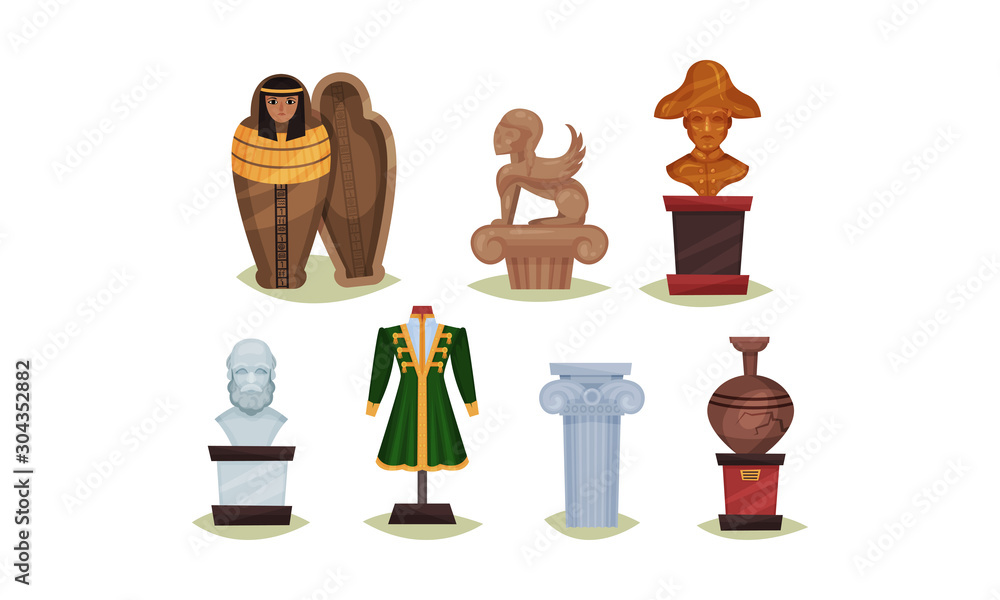 Museum Exhibit Items Isolated On White Background Vector Set Stock ...