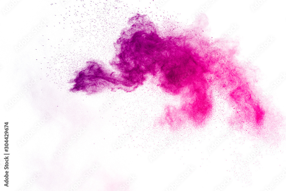 Explosion of pink colored powder isolated on white background.Pink dust ...