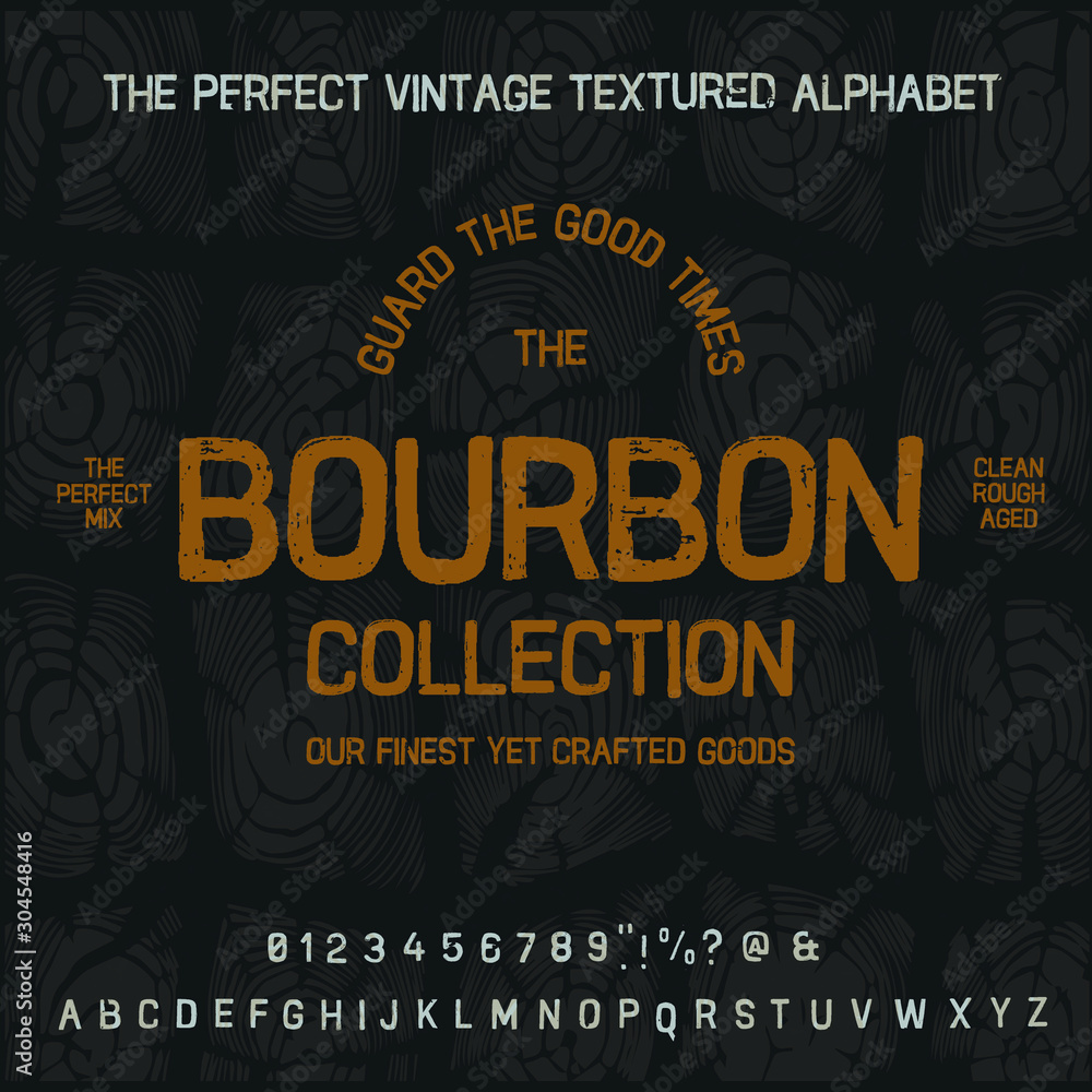 Vintage decorative font "bourbon" with sample design. Good handcrafted ...