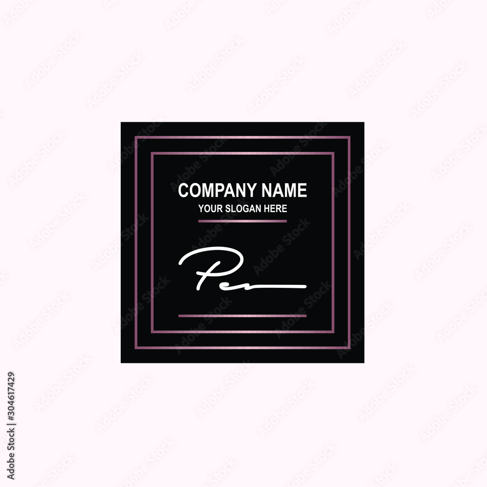 PE Initial signature logo is white, with a dark pink grid gradation ...