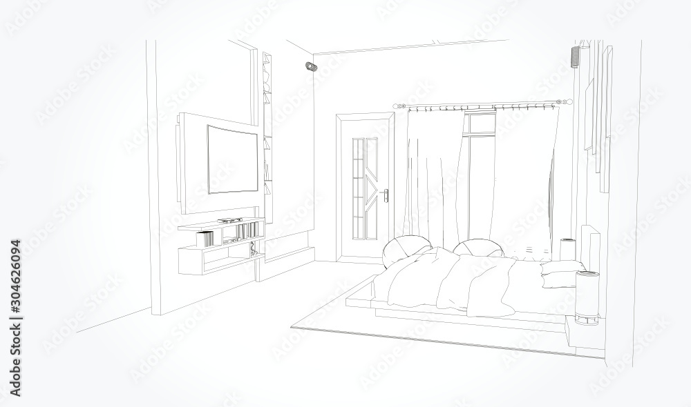 Linear sketch of an interior. Living room plan. Sketch Line sofa set ...
