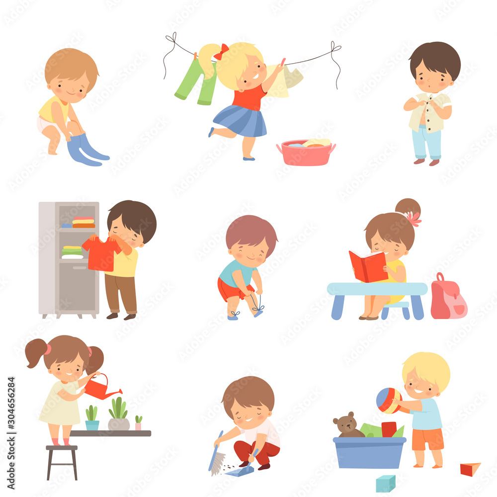 Little Kids Doing Things on Their Own Vector Illustrations Set Stock ...