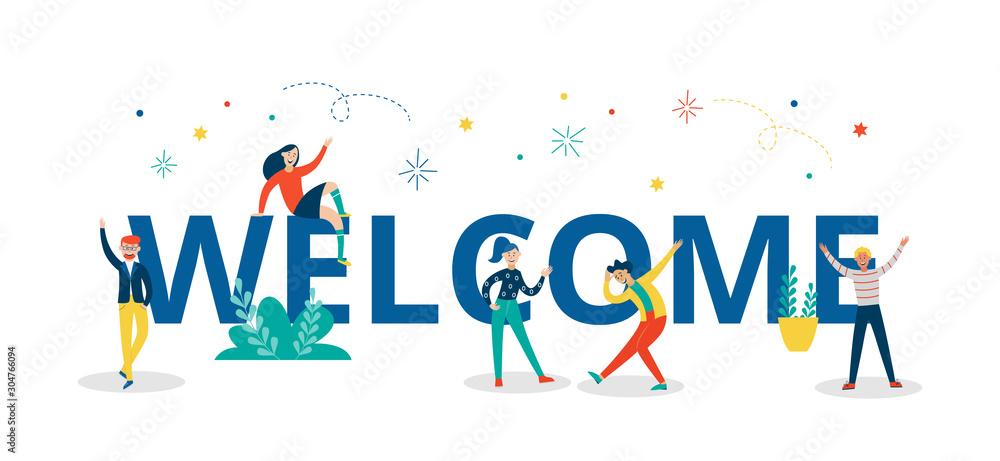 Welcome colorful letters with people characters flat vector ...