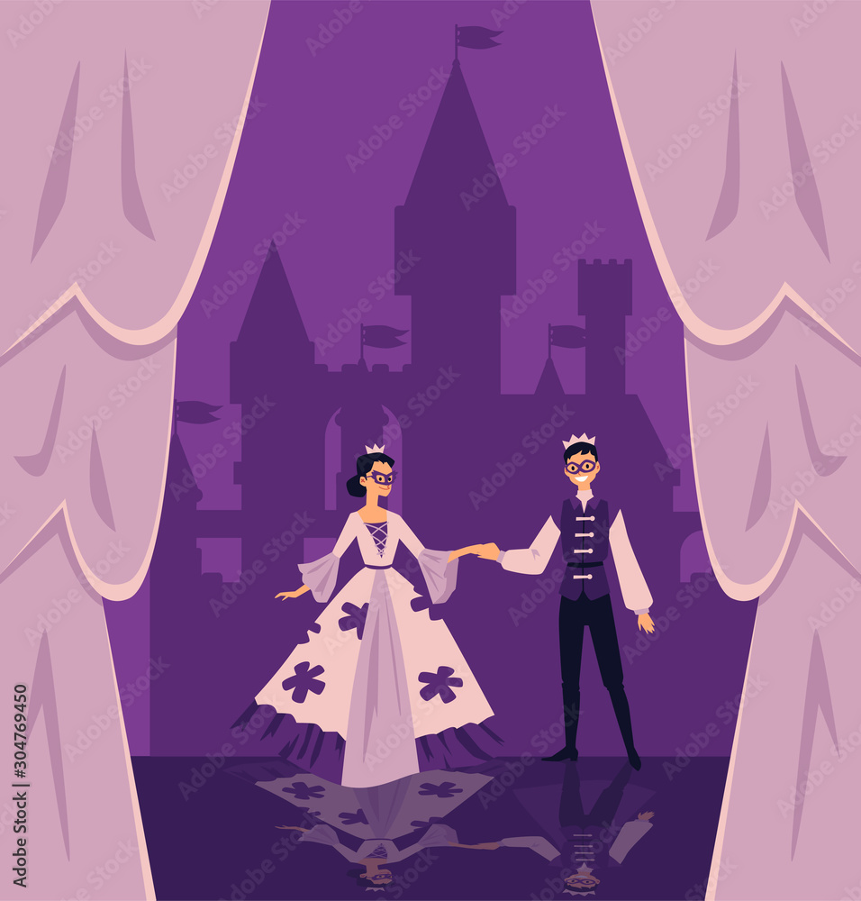 Theater with actors in costumes cartoon characters flat vector ...