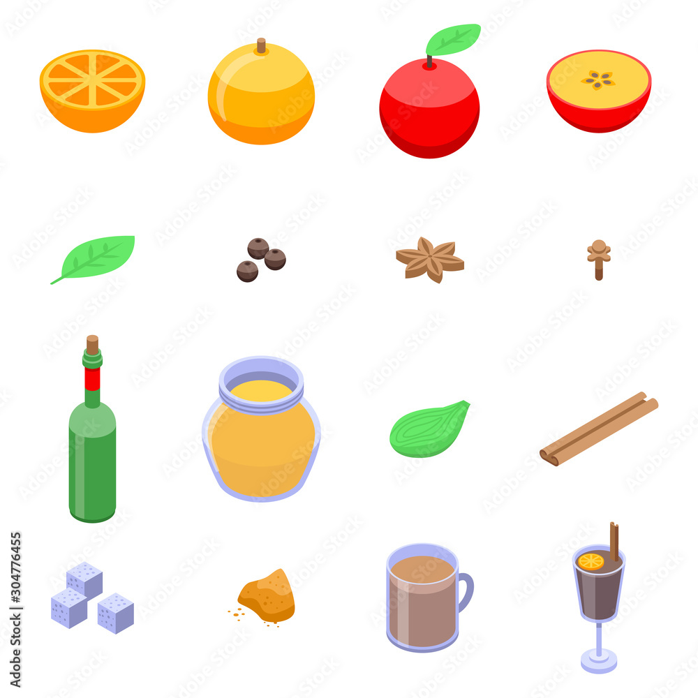 Mulled wine icons set. Isometric set of mulled wine vector icons for ...