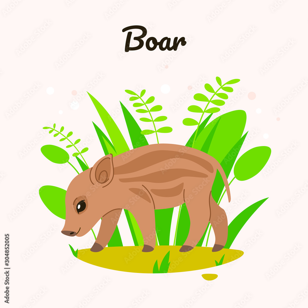 Cartoon boar cub on grass, cute character for children. Vector ...
