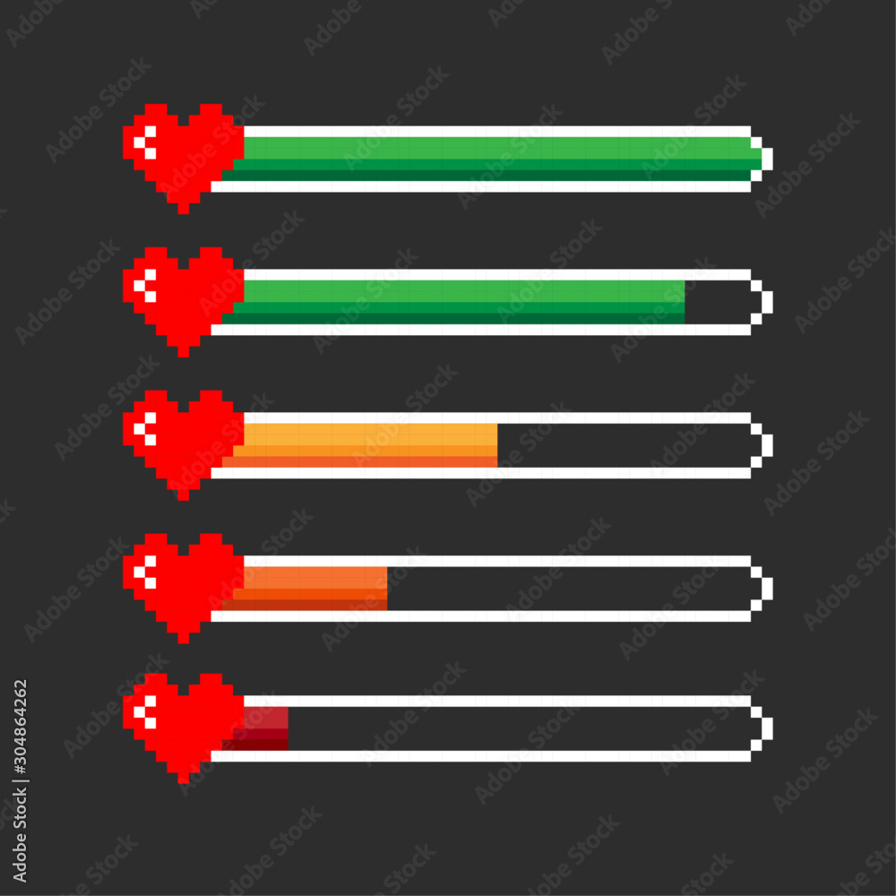 Pixel game life bar isolated on black background. Vector art 8 bit ...