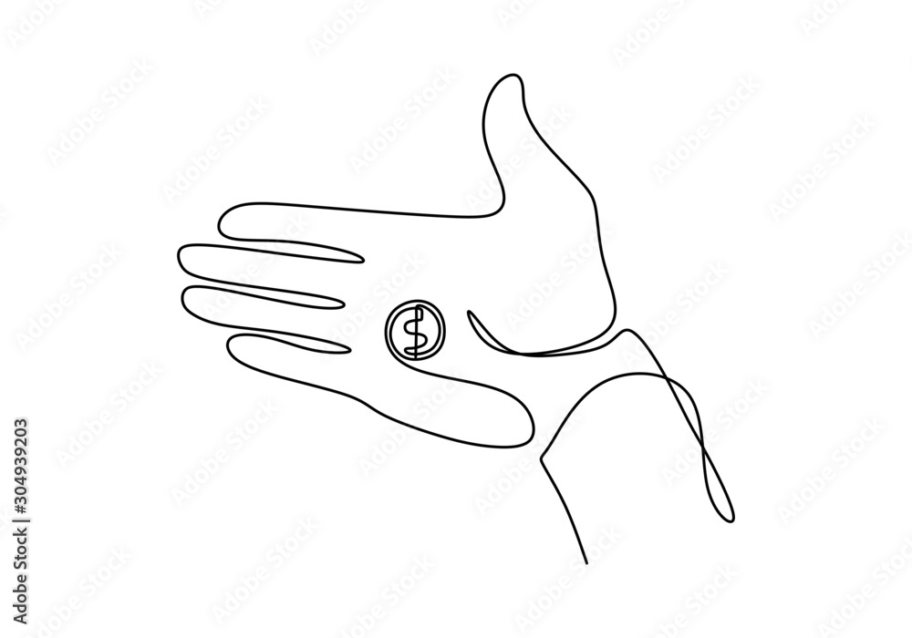 Continuous one line drawing of hand holding money of dollar coin ...