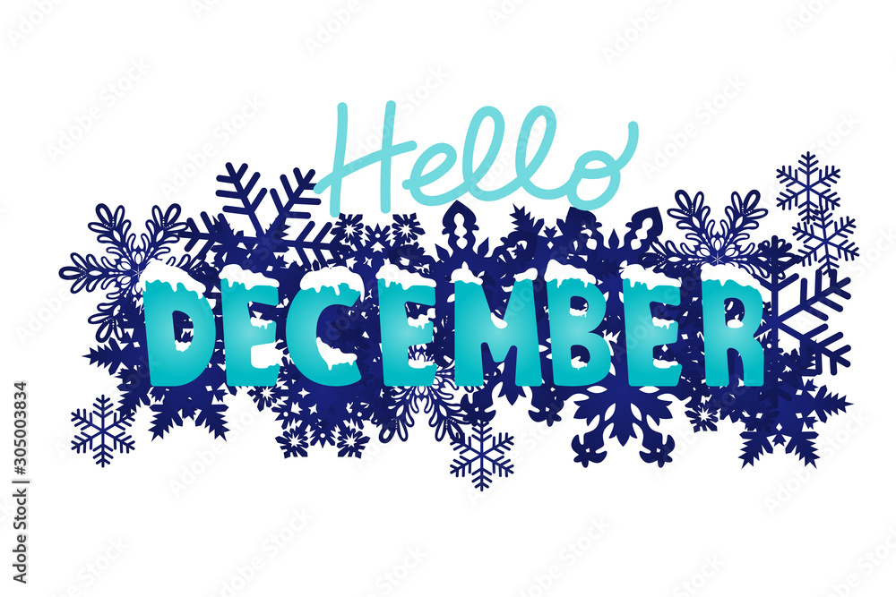 Vector de Stock Hello December winter font with white snow on top and ...