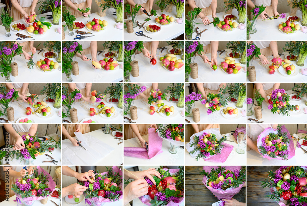 the process of forming a fruit and flower bouquet. tutorial, do it ...