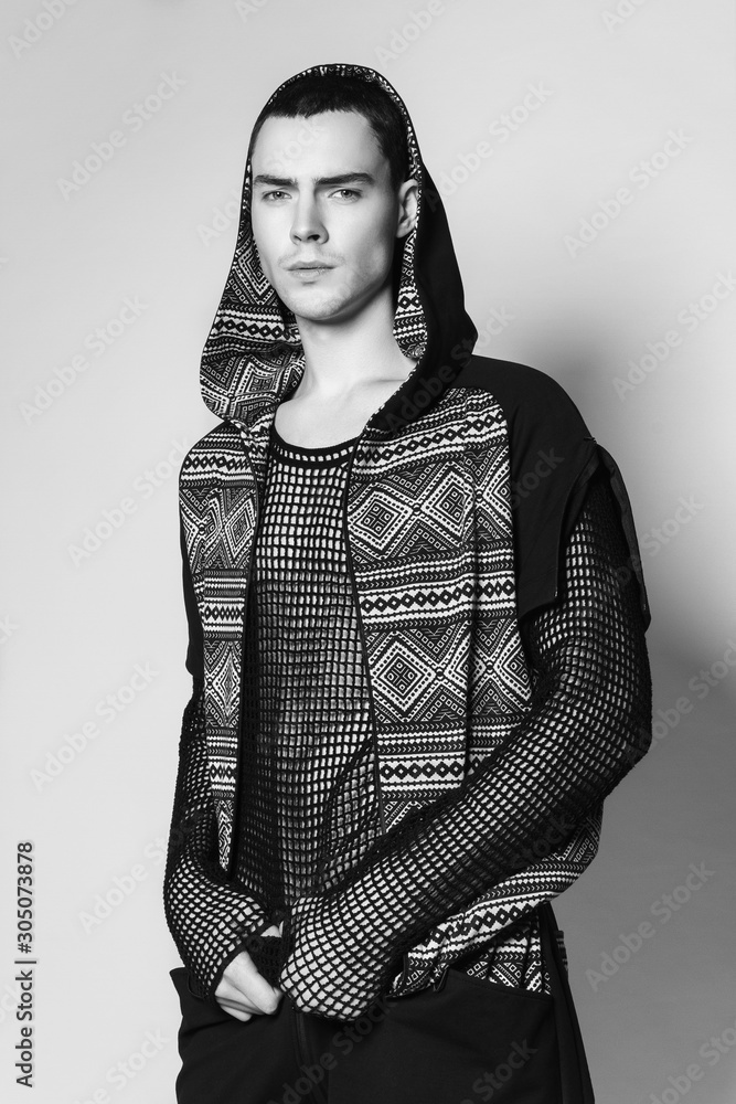 Muscle strong beautiful stripped male model portrait on isolated font ...