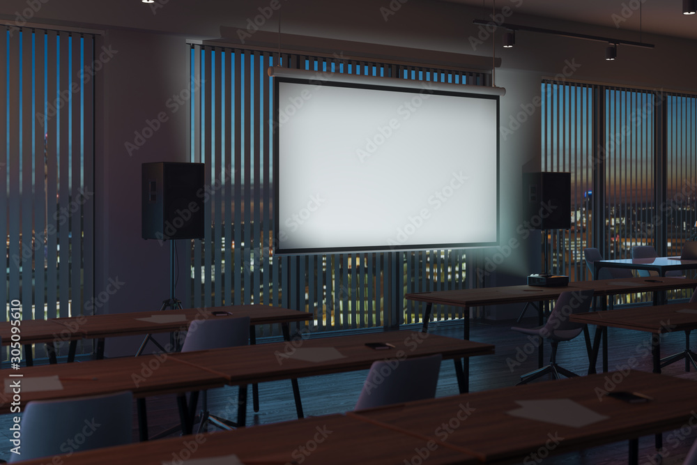 Projector screen canvas in modern conference room with big windows and ...