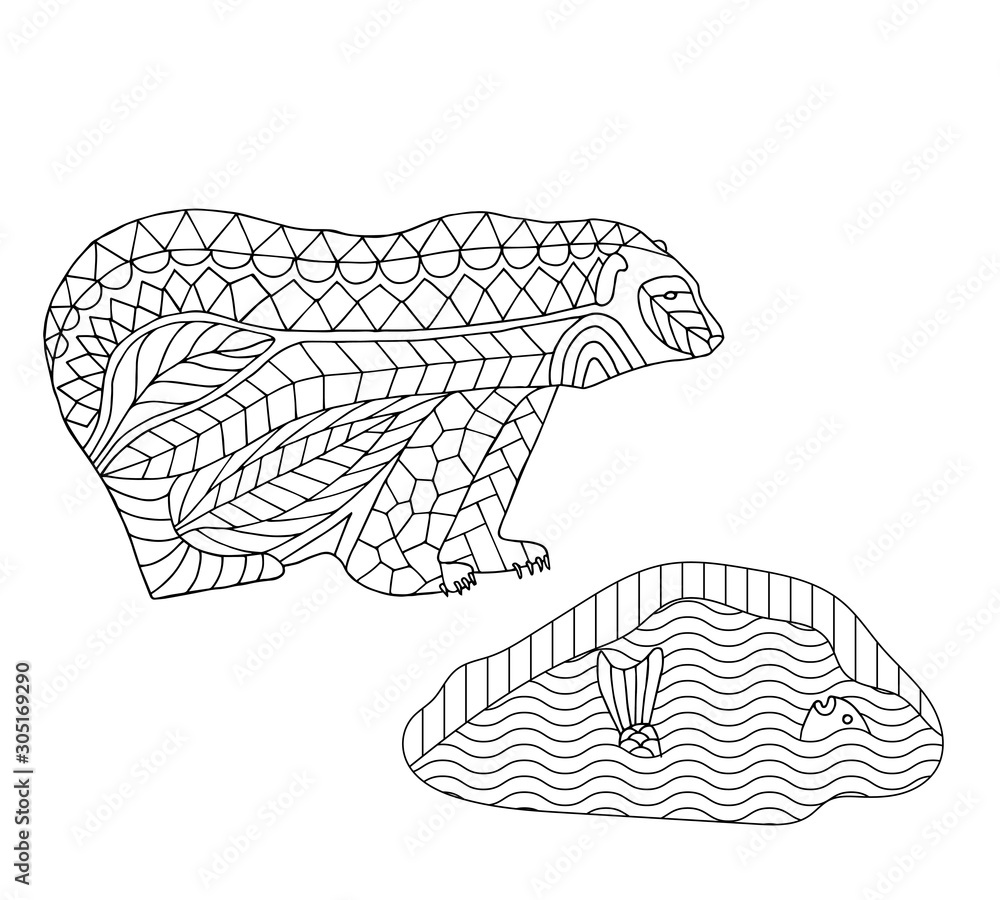polar bear zentangle coloring page drawn by liner and traced vector ...