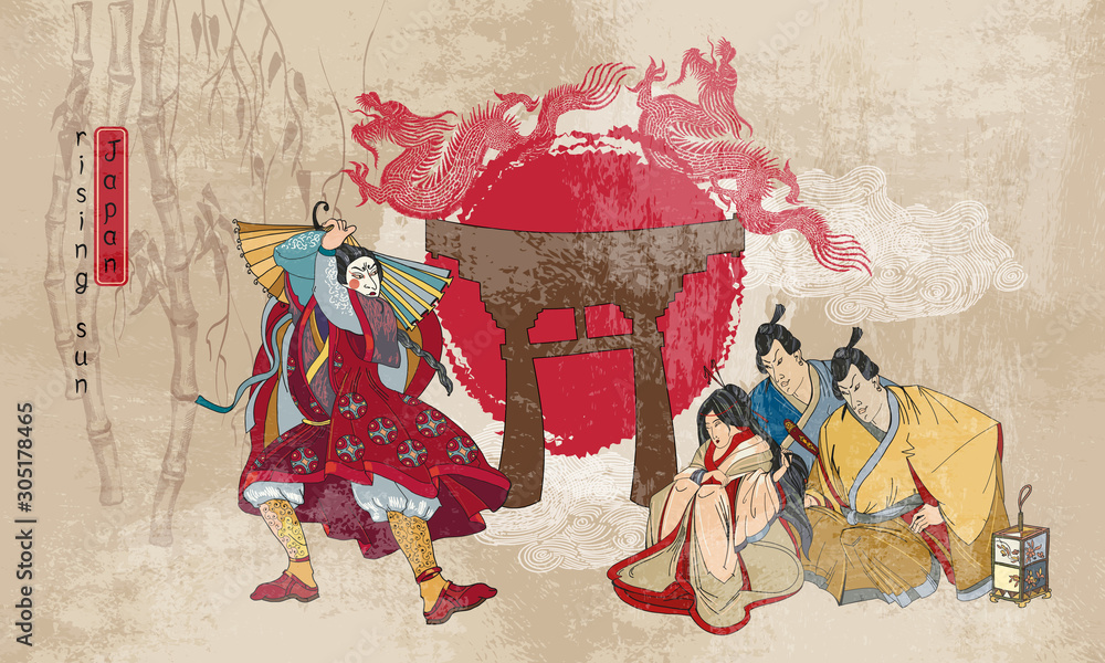 Medieval Japan background. Classical engraving art. Asian culture ...