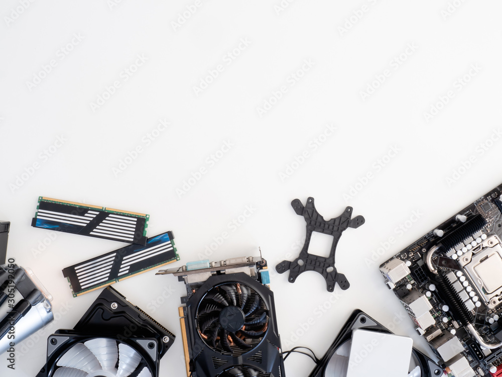 top view of computer parts with harddisk, solid state drive, ram, CPU ...