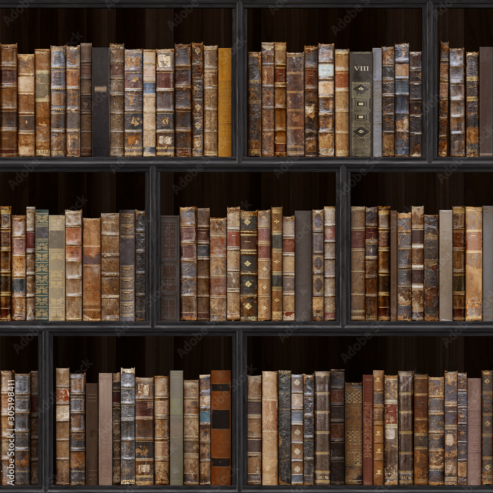 05 of 30 Black wood bookshelf. Old books seamless texture (vertically ...