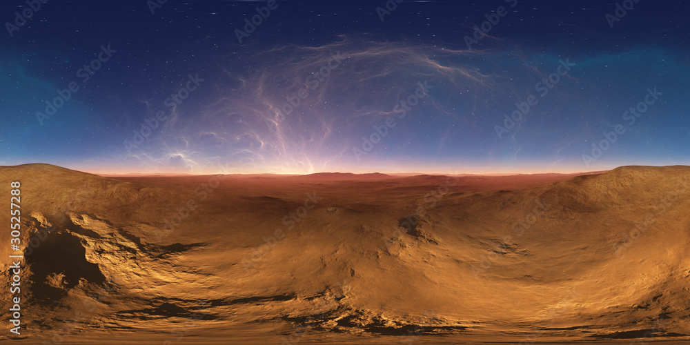 360 degree night alien desert landscape. Equirectangular projection ...