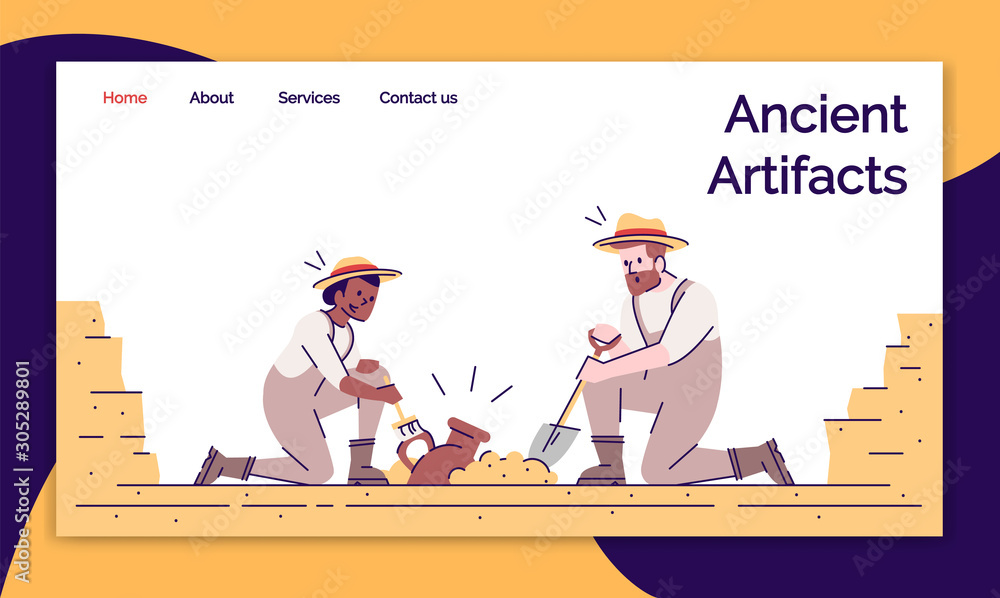 Ancient artifacts landing page vector template. Archeological ...