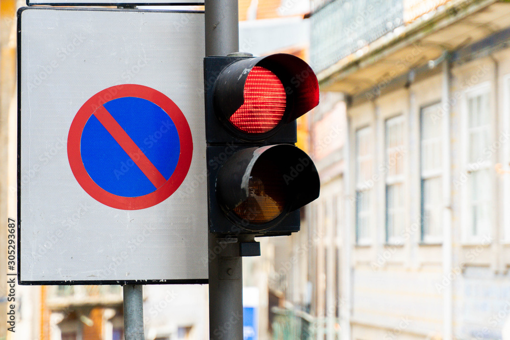 No parking sign. Red stop traffic light . Road signs for prohibit car ...