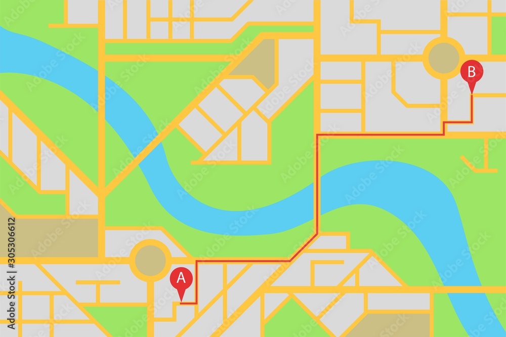City street map plan with GPS pins and navigation route from A to B ...