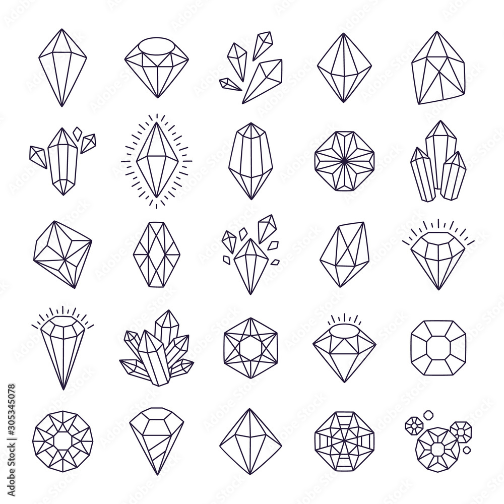 Doodle hand drawn gems. Line art gem stones vector isolated set, black ...