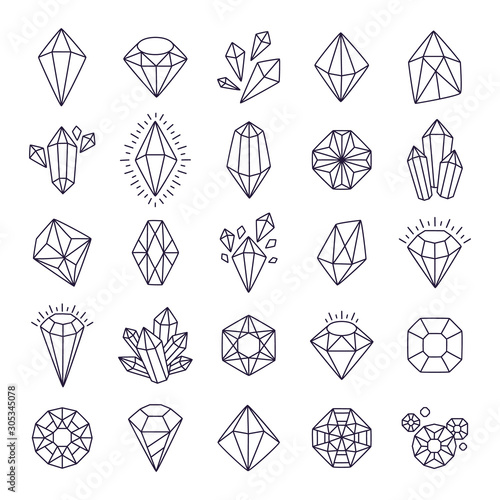 Doodle hand drawn gems. Line art gem stones vector isolated set, black ...