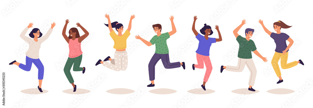 Jumping people. Group of happy laughing male and female characters ...