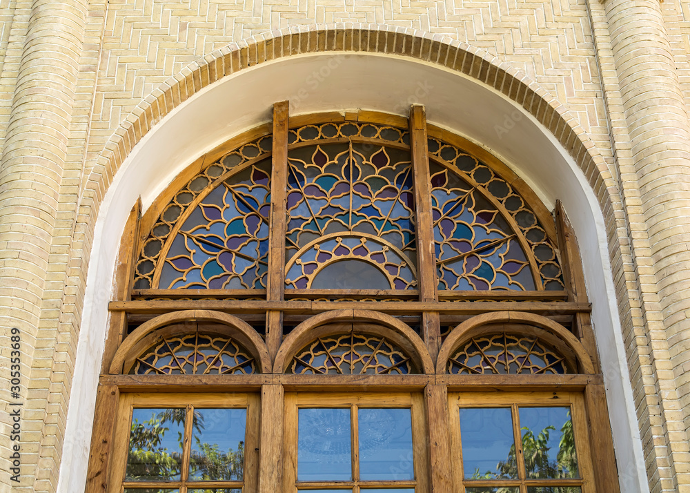 Renovated wooden arch window, Masoudieh historic mansion from Qajar ...