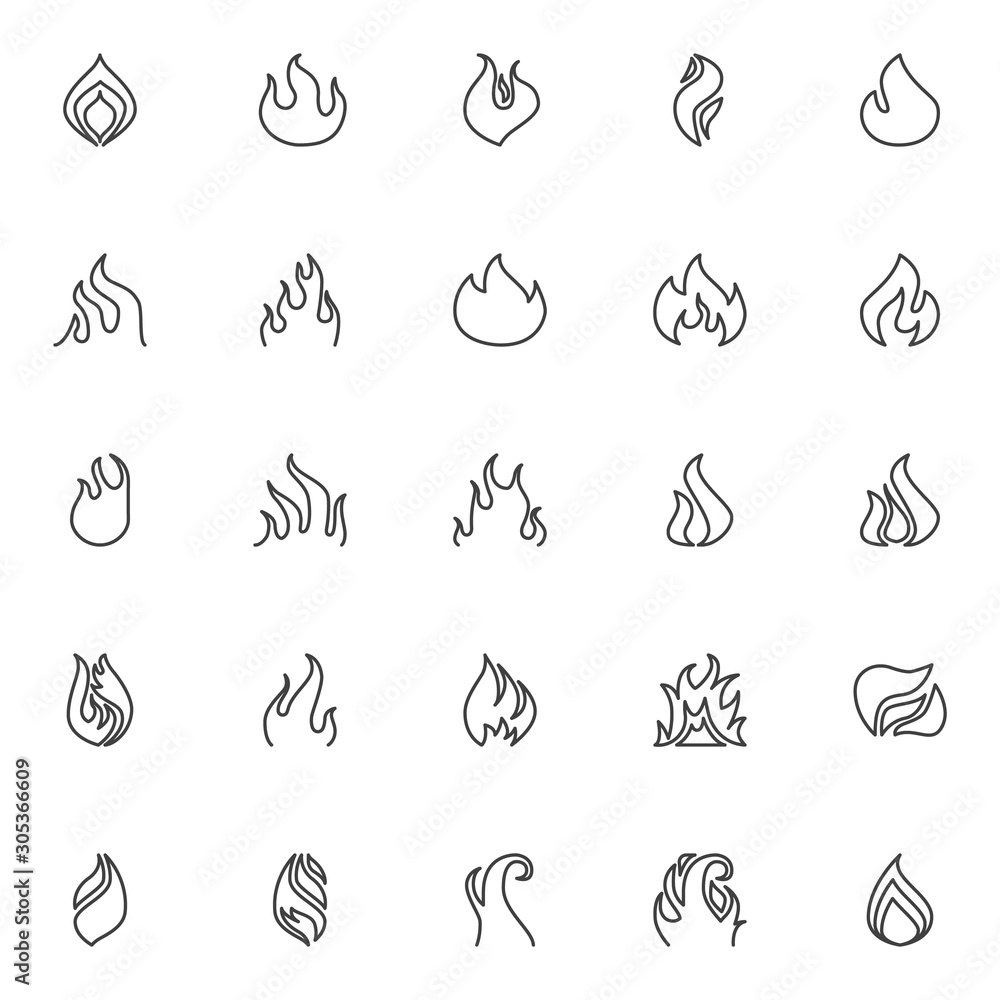 Fire flame line icons set. linear style symbols collection, outline ...