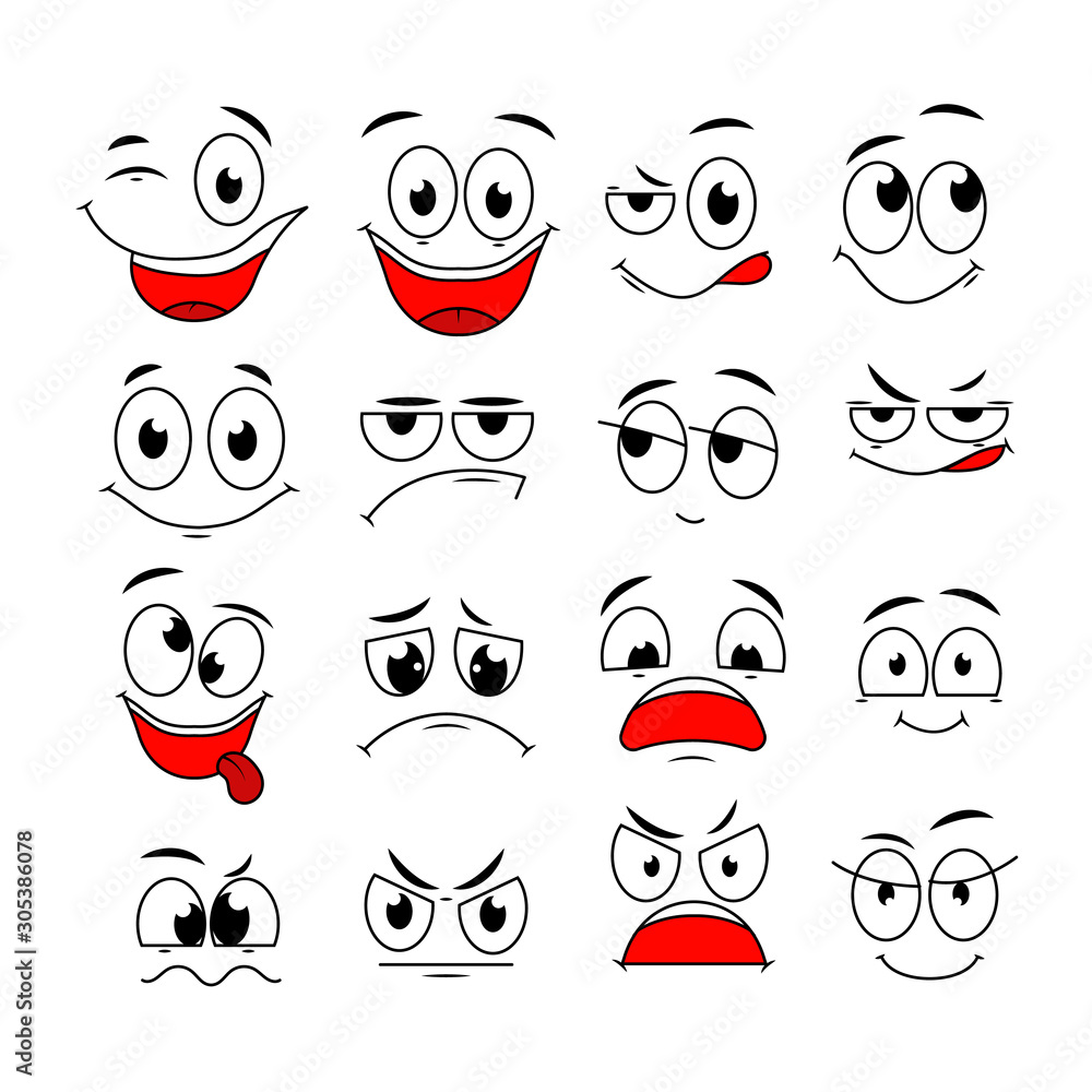 Cartoon expressions. Cute face elements eyes and mouths with happy, sad ...