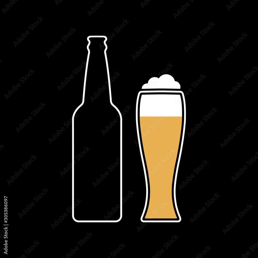 Mock up contour of a beer glass bottle and mug with foam content. Menu ...