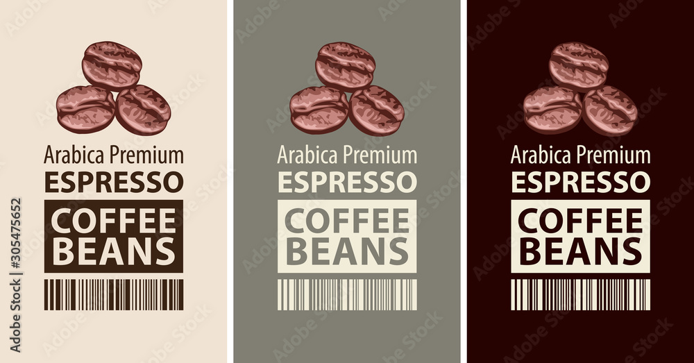 Vector set of labels for coffee beans. Coffee labels with three coffee ...