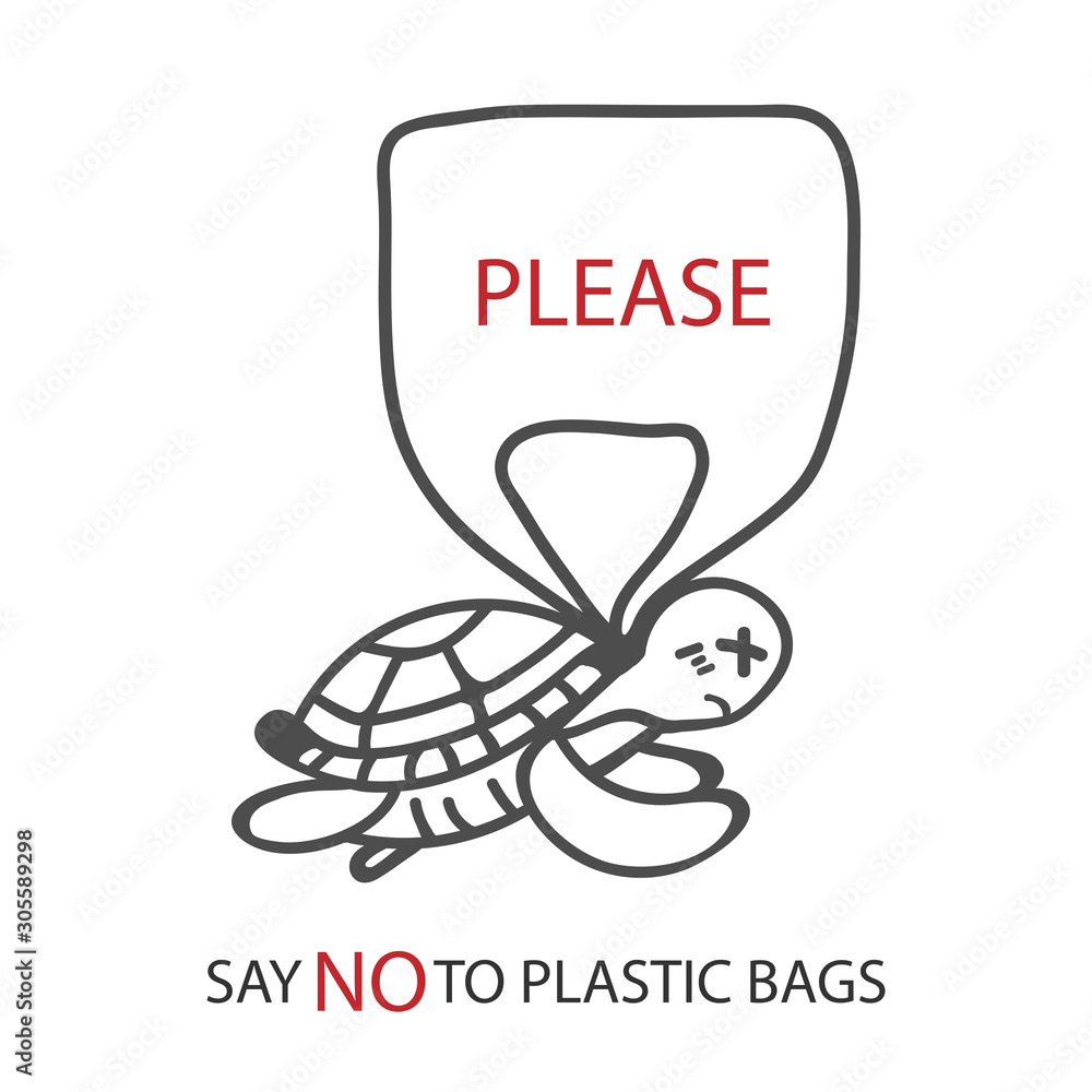Say no to plastic bags. A Turtle cartoon is requesting to reduce the ...